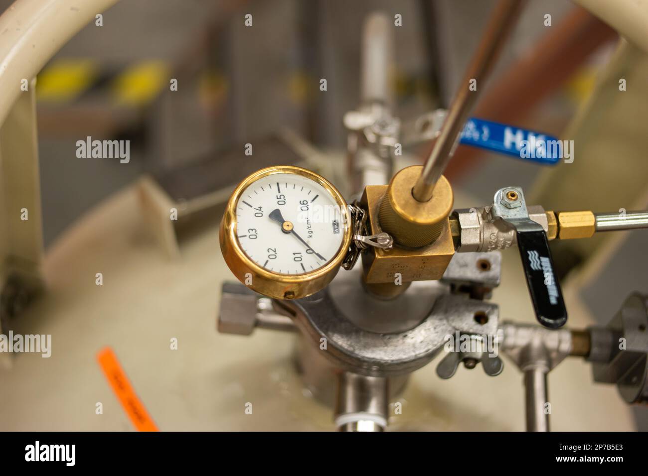 Graded pressure tank gauges close up shot in a workshop lab. Shallow ...