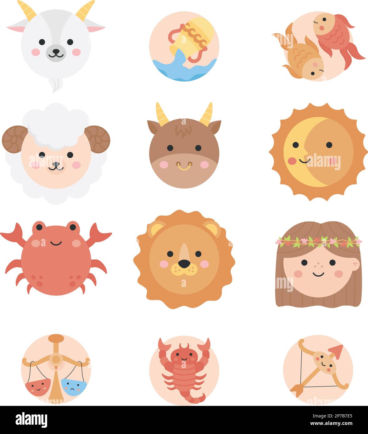 Cute round zodiac signs vector illustration set Stock Vector Image ...