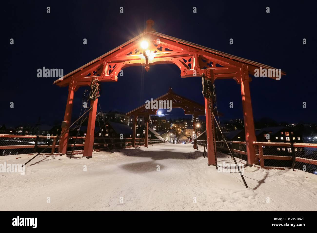 Twilight in Trondheim, spring snowfall, view of the Old Bridge ( den ...