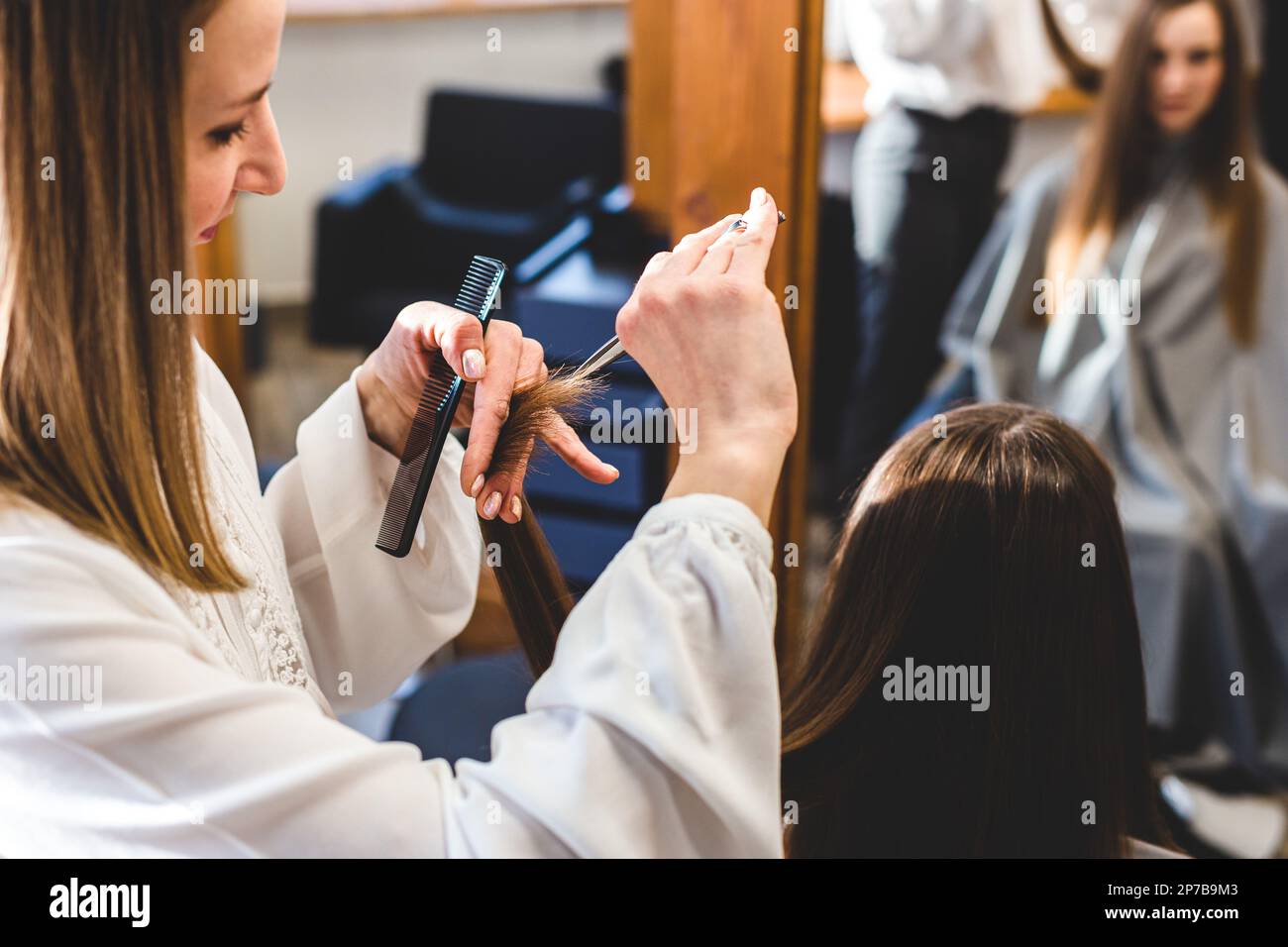 Master woman hairdresser cuts the ends of the girl's hair after washing ...