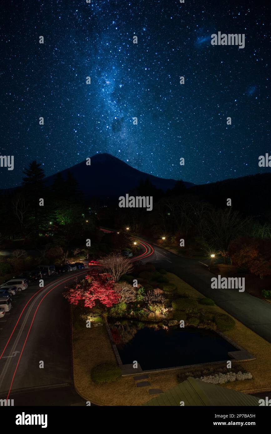 Mount Fuji under a starry sky viewed from the Fuji View Hotel ...