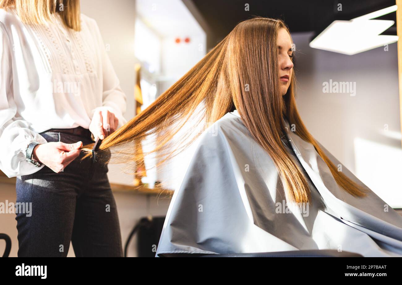 Hairdresser combs the girl's hair by styling in a beauty salon Stock ...