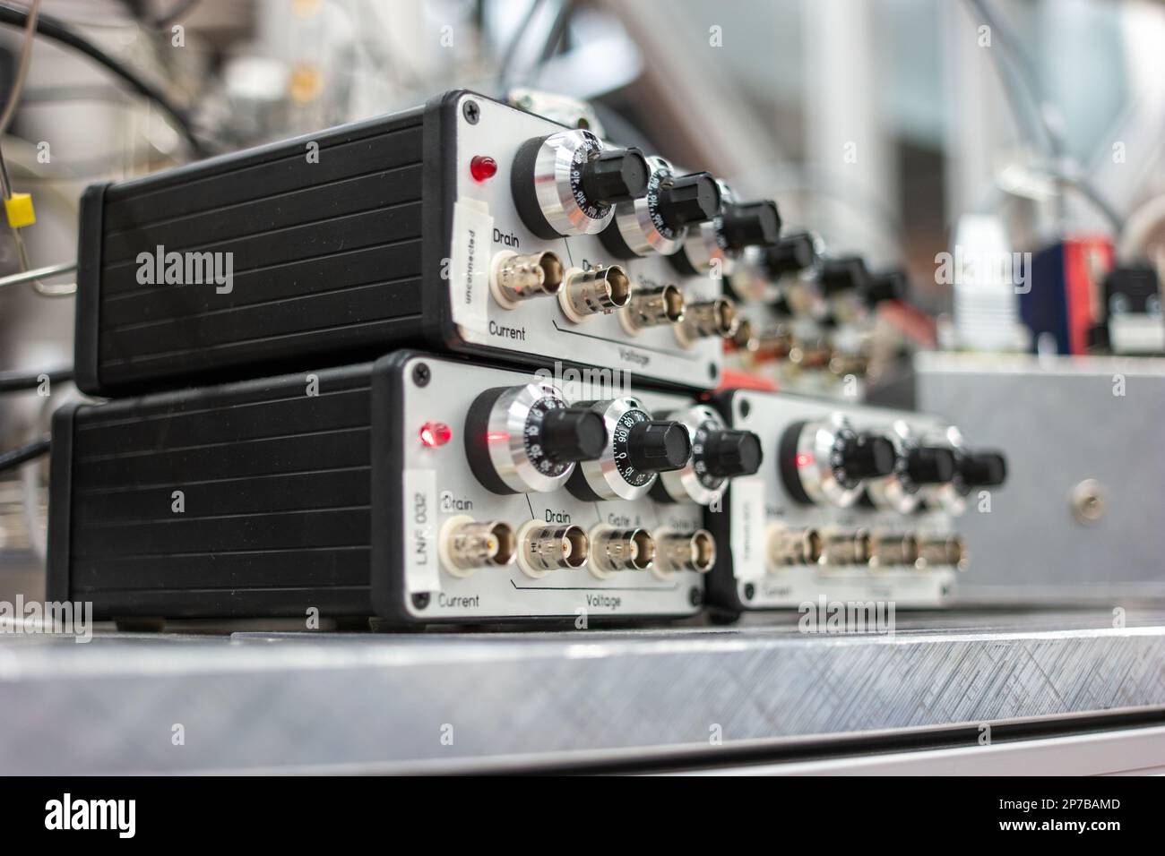 Science Lab Signal Measuring And Processing Device Many Connected Cables Shallow Depth Of