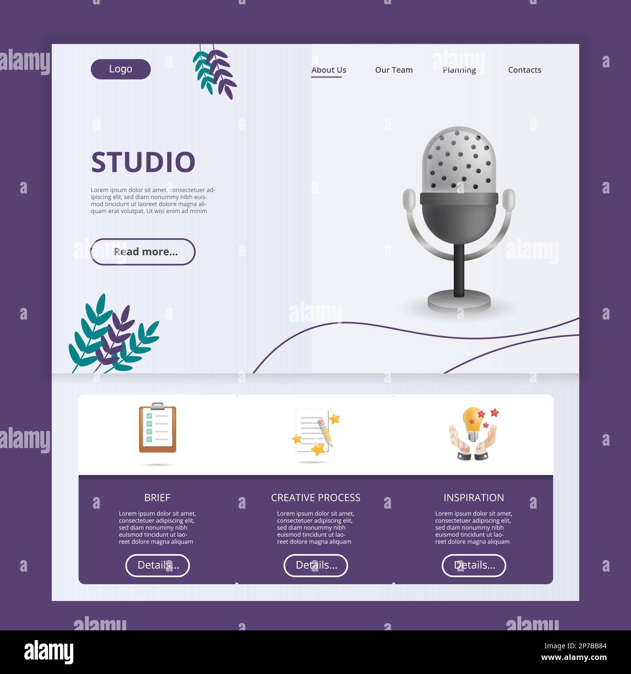 Studio flat landing page website template. Brief, creative process ...