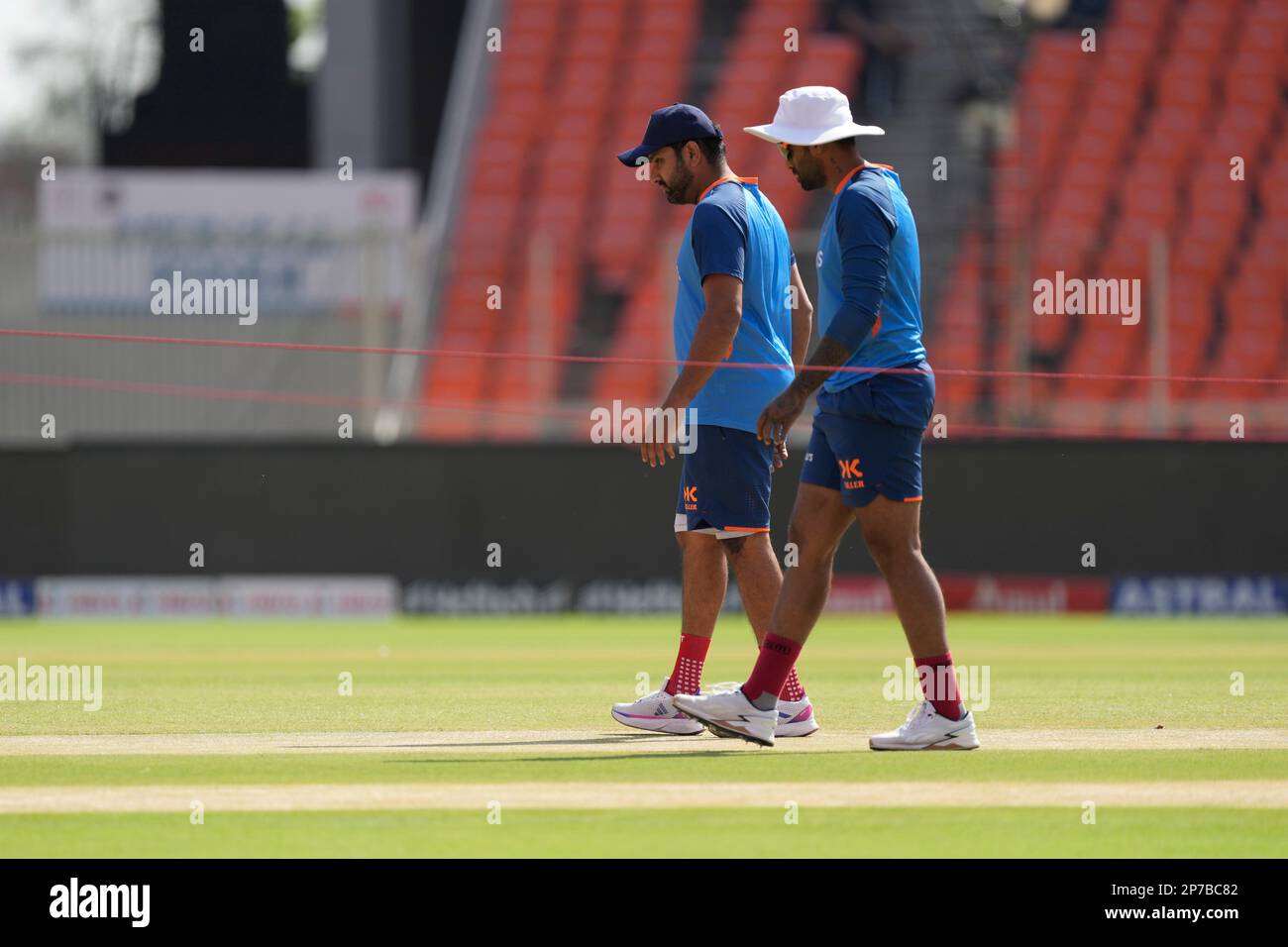 India's captain Rohit Sharma, left, and Surya Kumar Yadav look at the ...