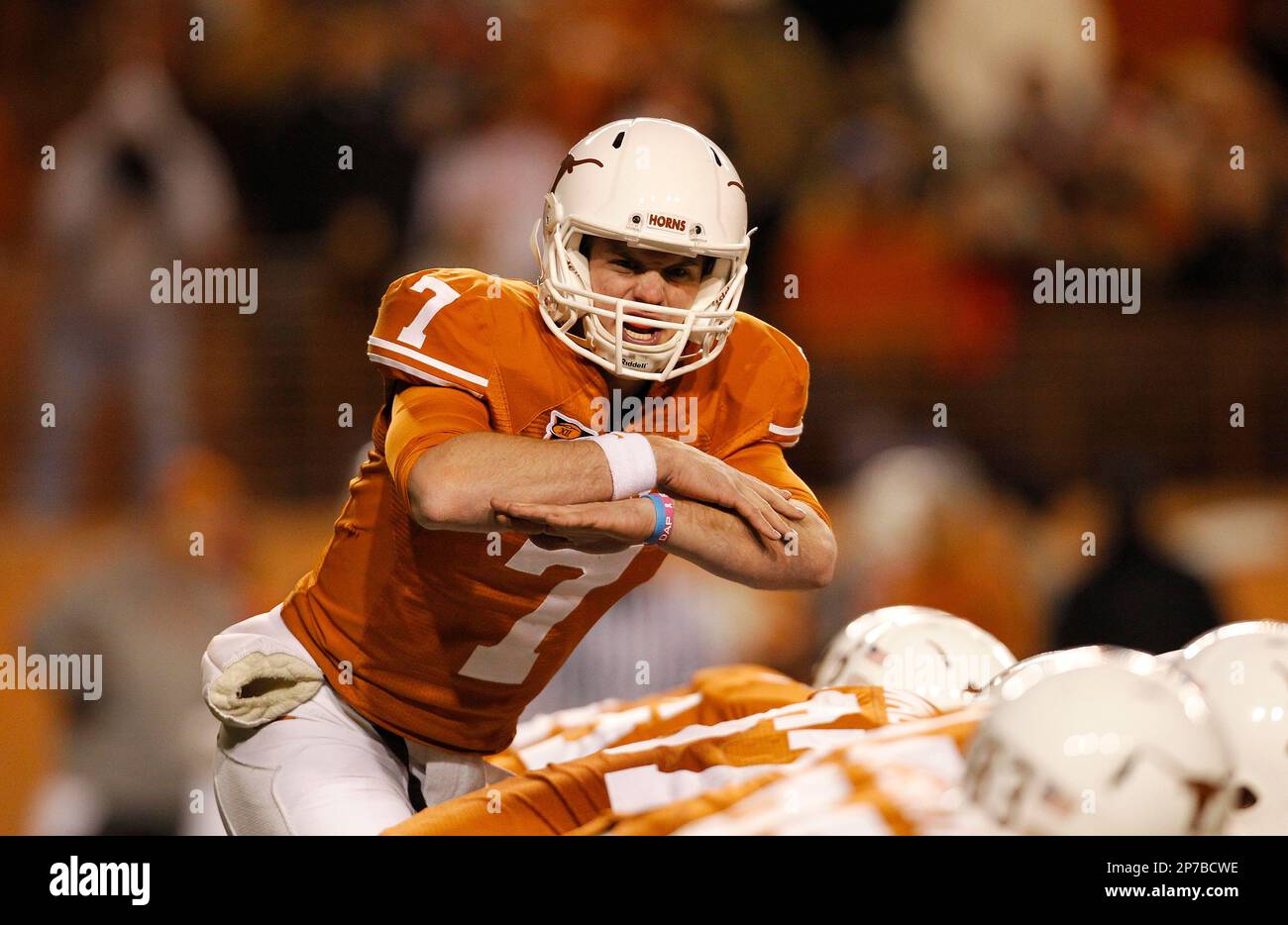 University of Texas Longhorns quarterback Garrett Gilbert (7) calls the ...