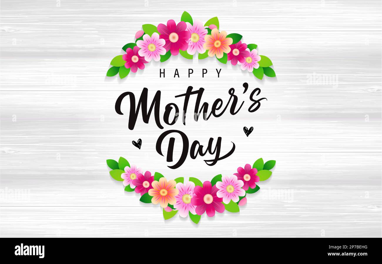 Happy mother's day lettering and branches of flowers on wooden boards ...