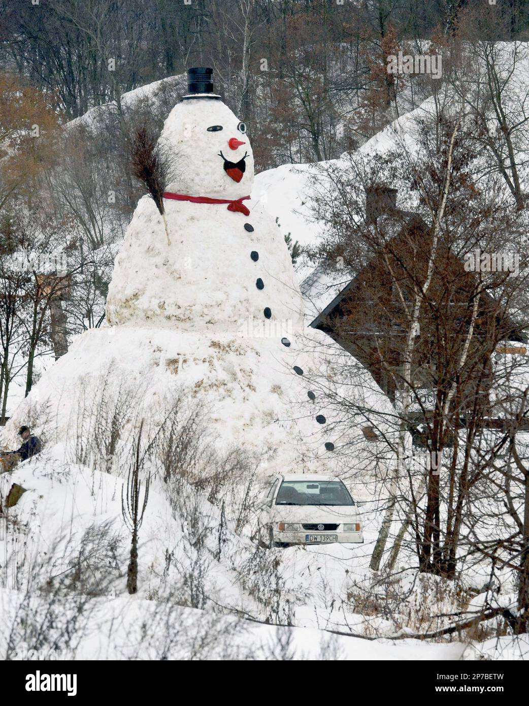 A snowman reaching the height of 9.5 metres (31 feet) in Trzebnica ...