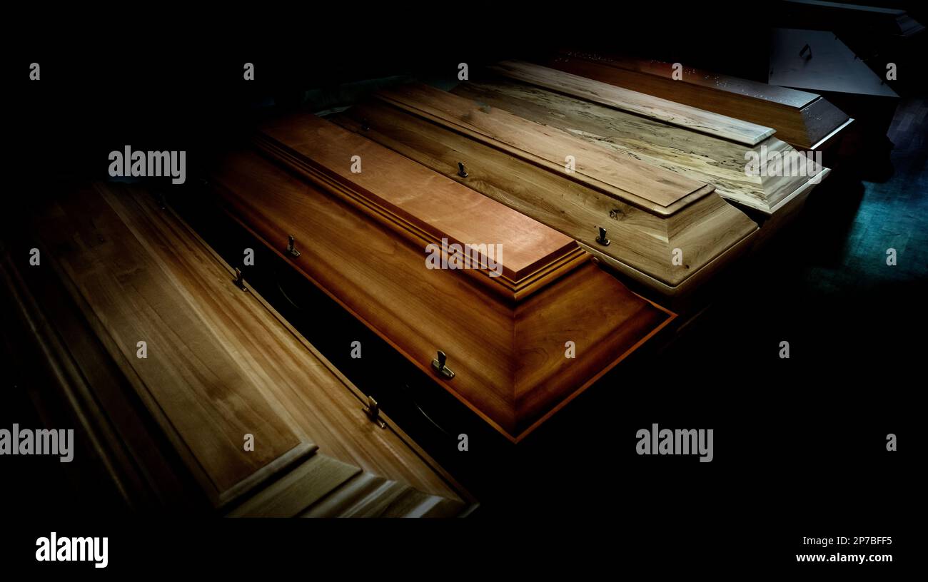Coffins in a funeral home in Germany March 2023 Stock Photo - Alamy
