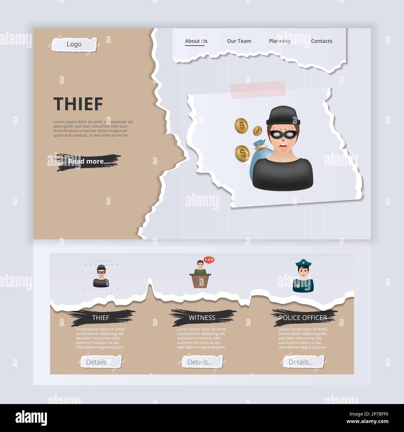 Thief flat landing page website template. Prisoner, witness, police ...