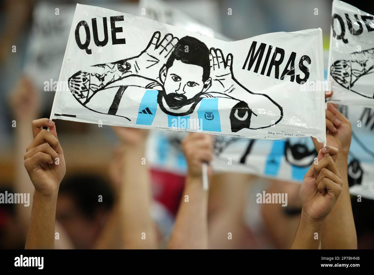 Argentina' fans hold up a Lionel Messi banner prior to FIFA World Cup ...