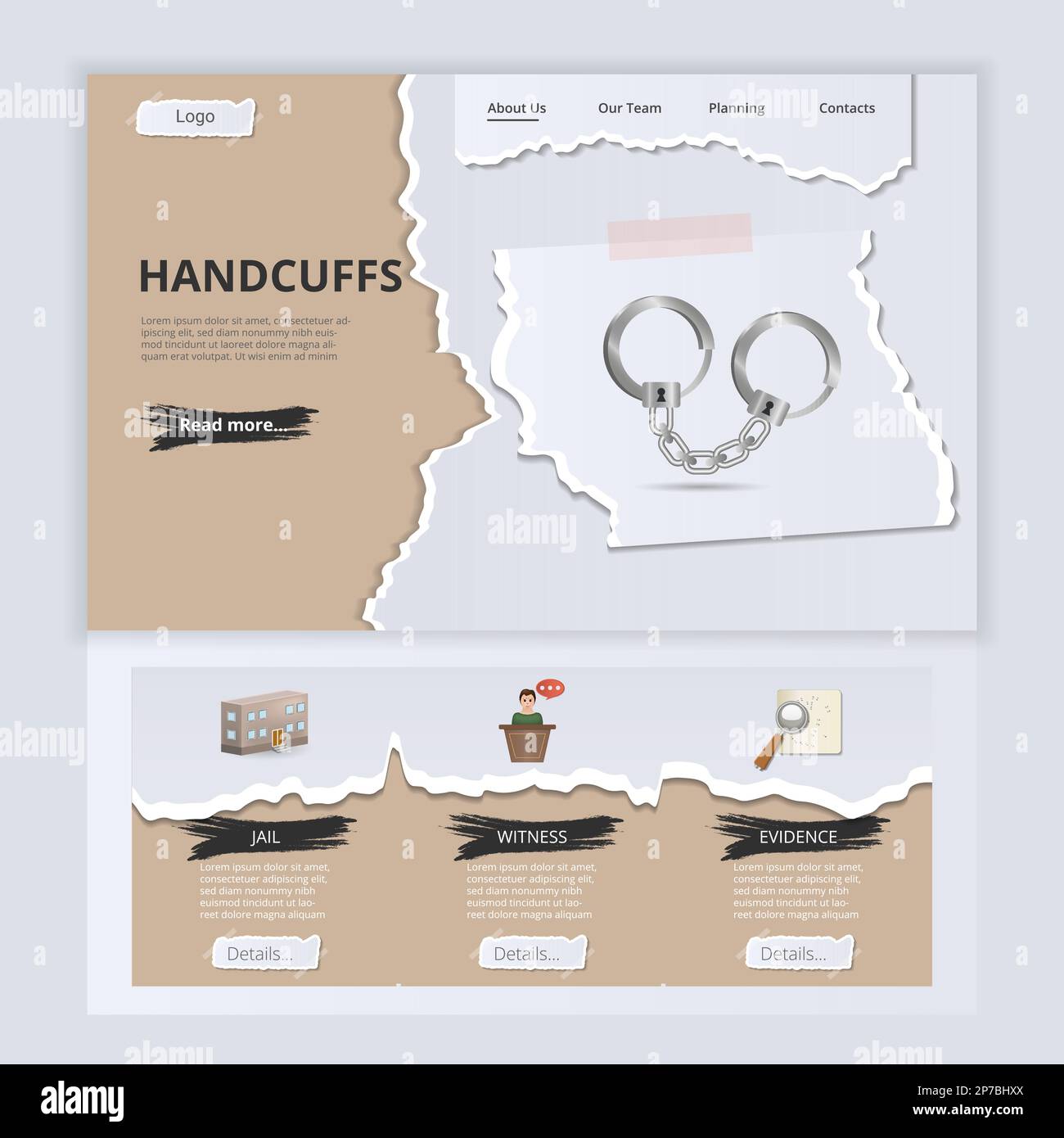 Handcuffs flat landing page website template. Jail, witness, evidence ...