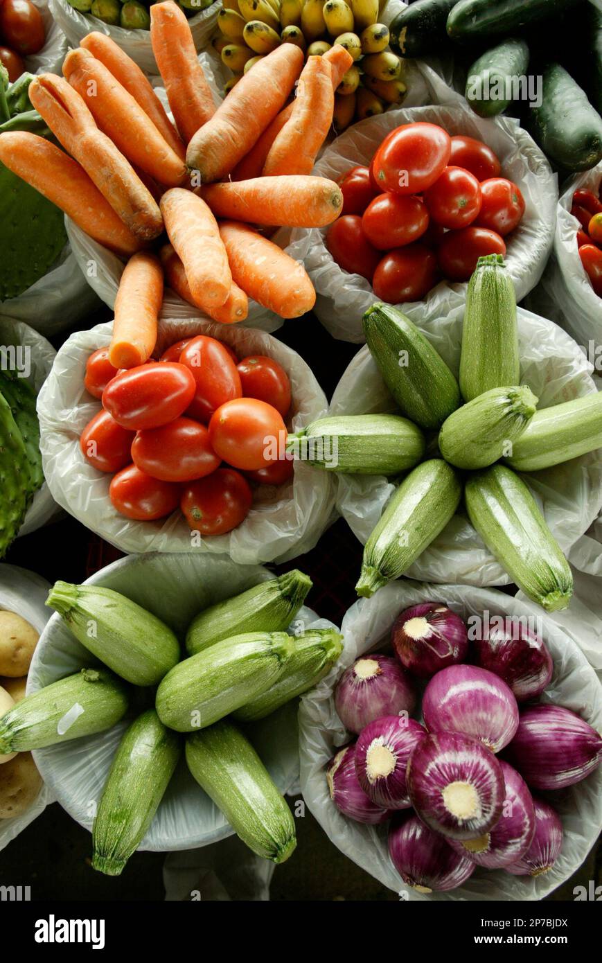 From clockwise upper right, tomatoes, squash, purple onions, squash ...