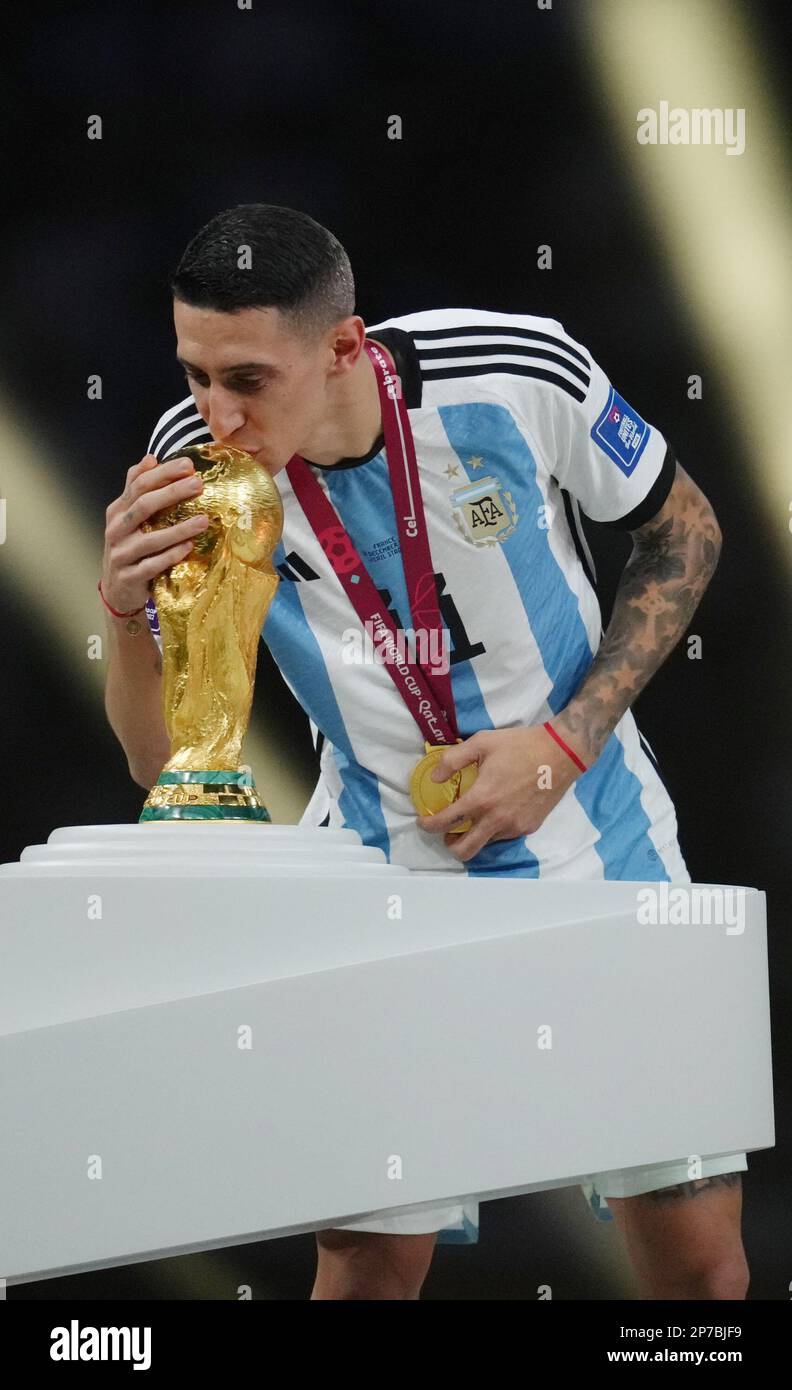 Argentina's Angel Di Maria kisses the World Cup Trophy during the FIFA ...