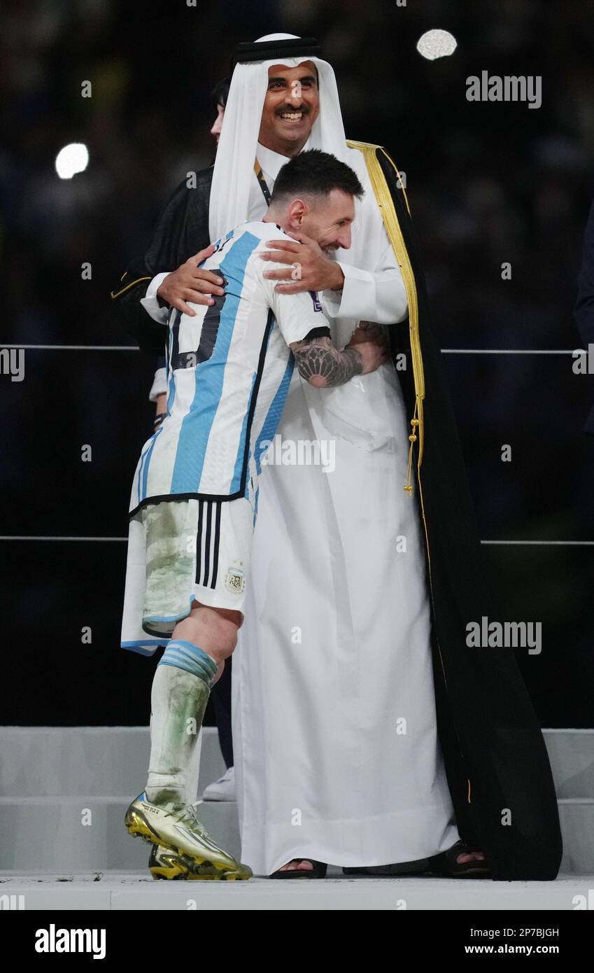 Argentina's Lionel Messi hugs Qatar's Emir Sheikh Tamim bin Hamad al ...