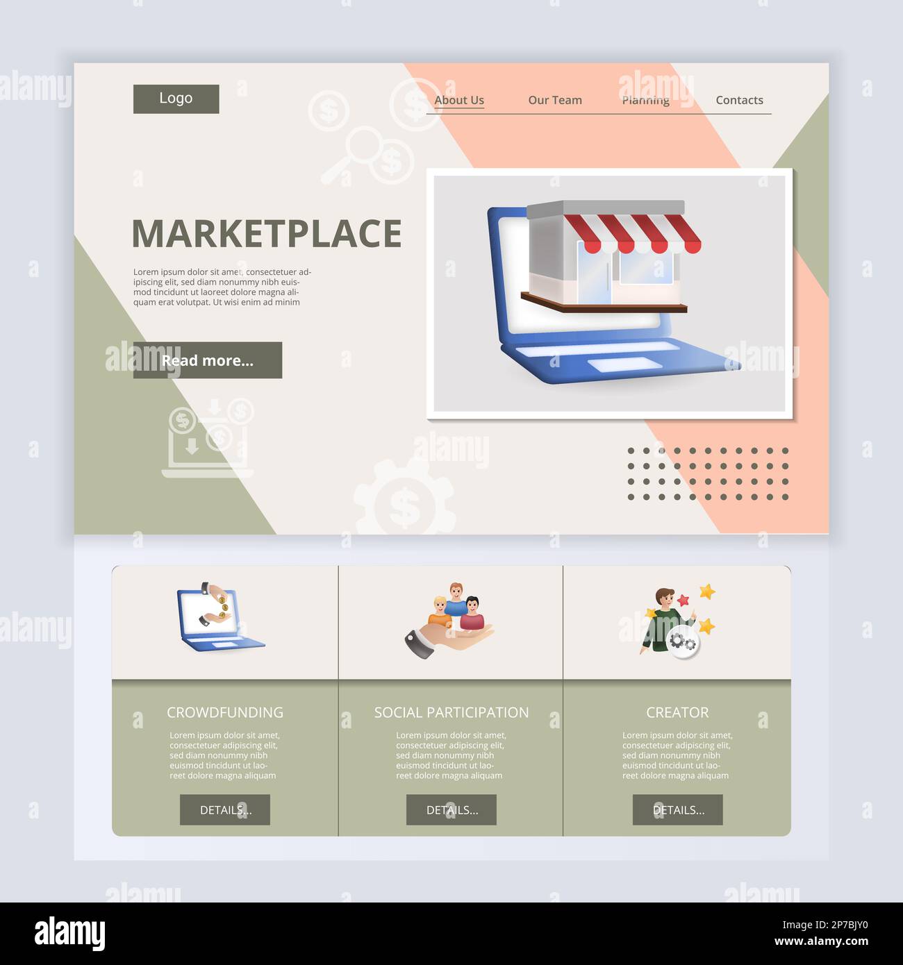 Marketplace flat landing page website template. Crowdfunding, social ...