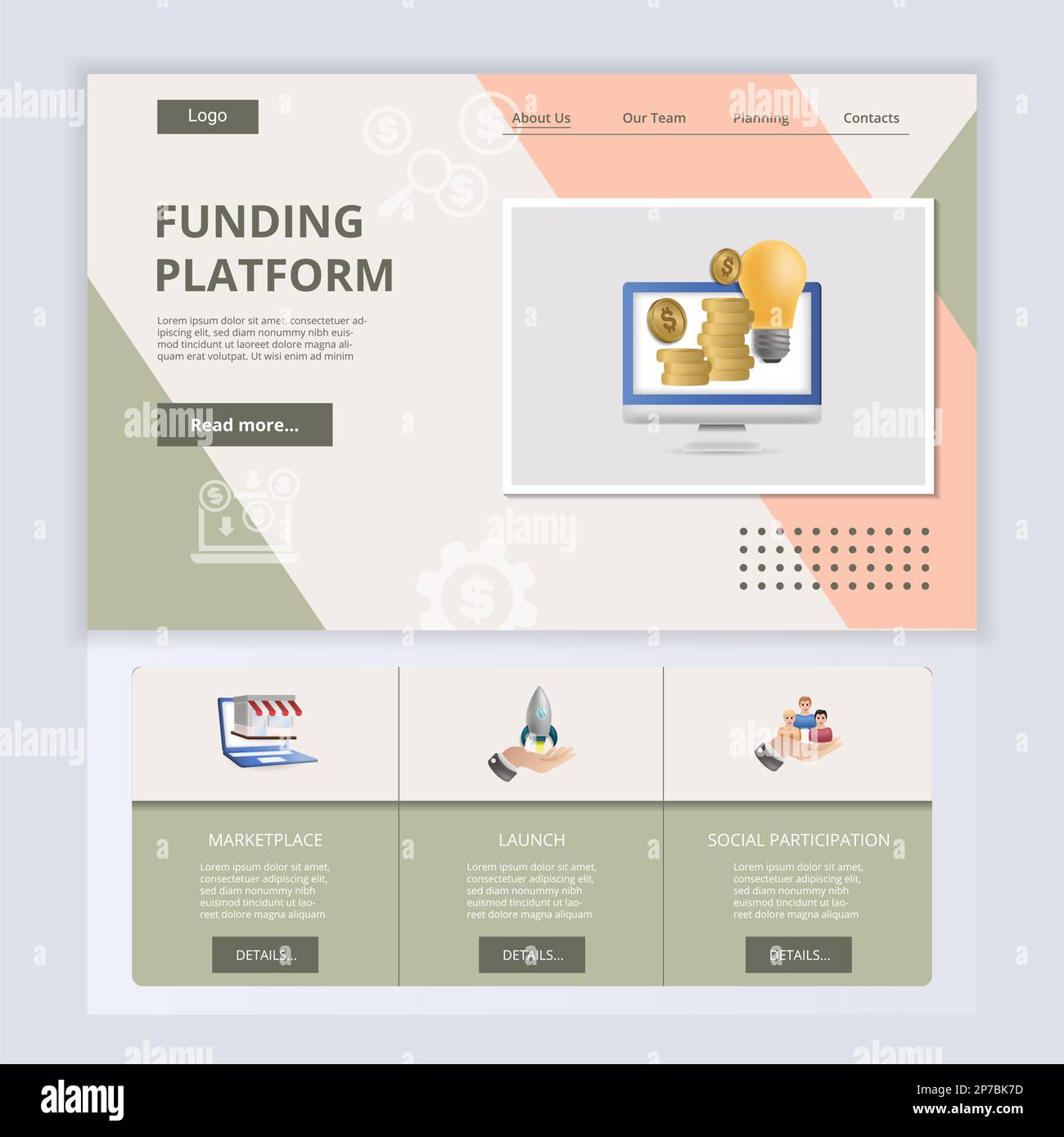 Funding platform flat landing page website template. Marketplace ...