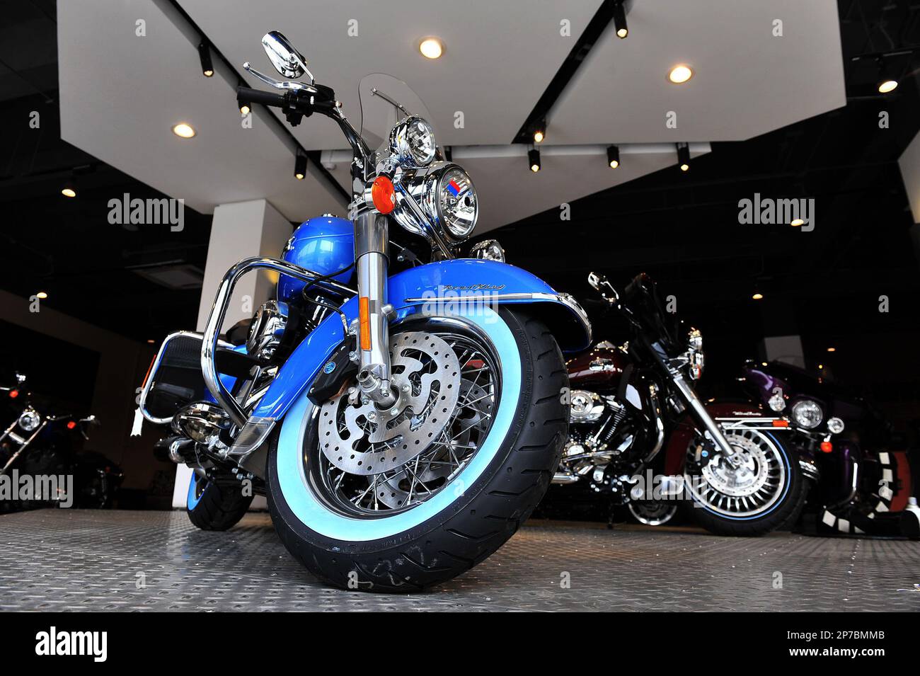 Luxury motorcycles are seen at a new Harley-Davidson motorcycle ...