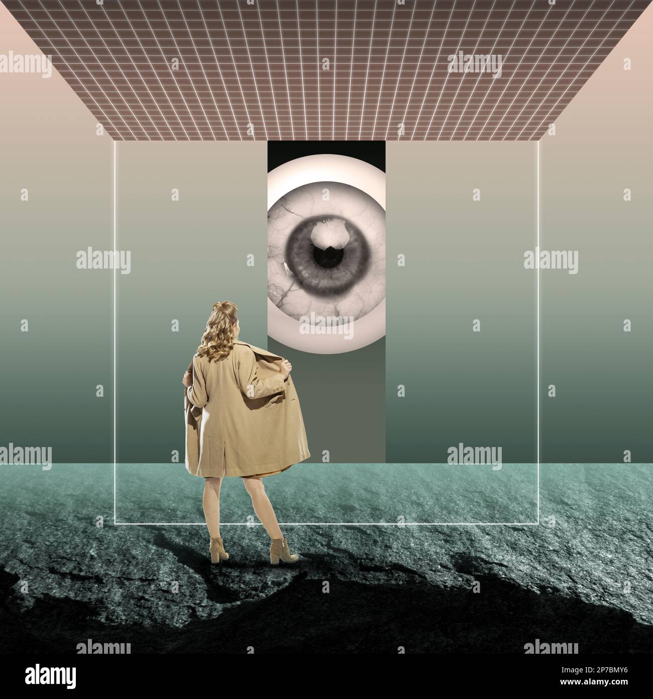Contemporary art collage in surreal style. Young woman standing near ... Contemporary art collage in surreal style. Young woman standing near ...