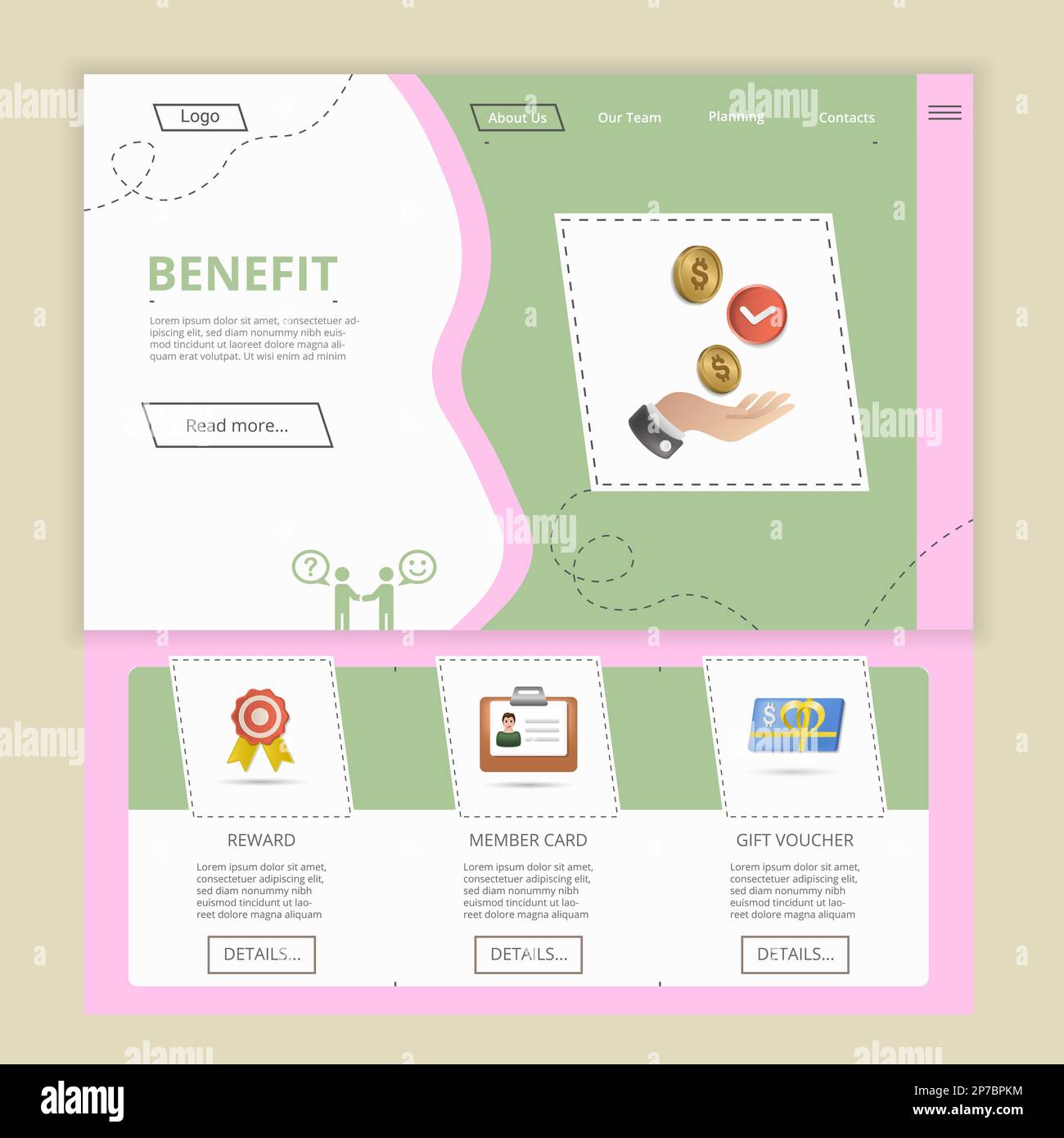Benefit flat landing page website template. Reward, member card, gift ...