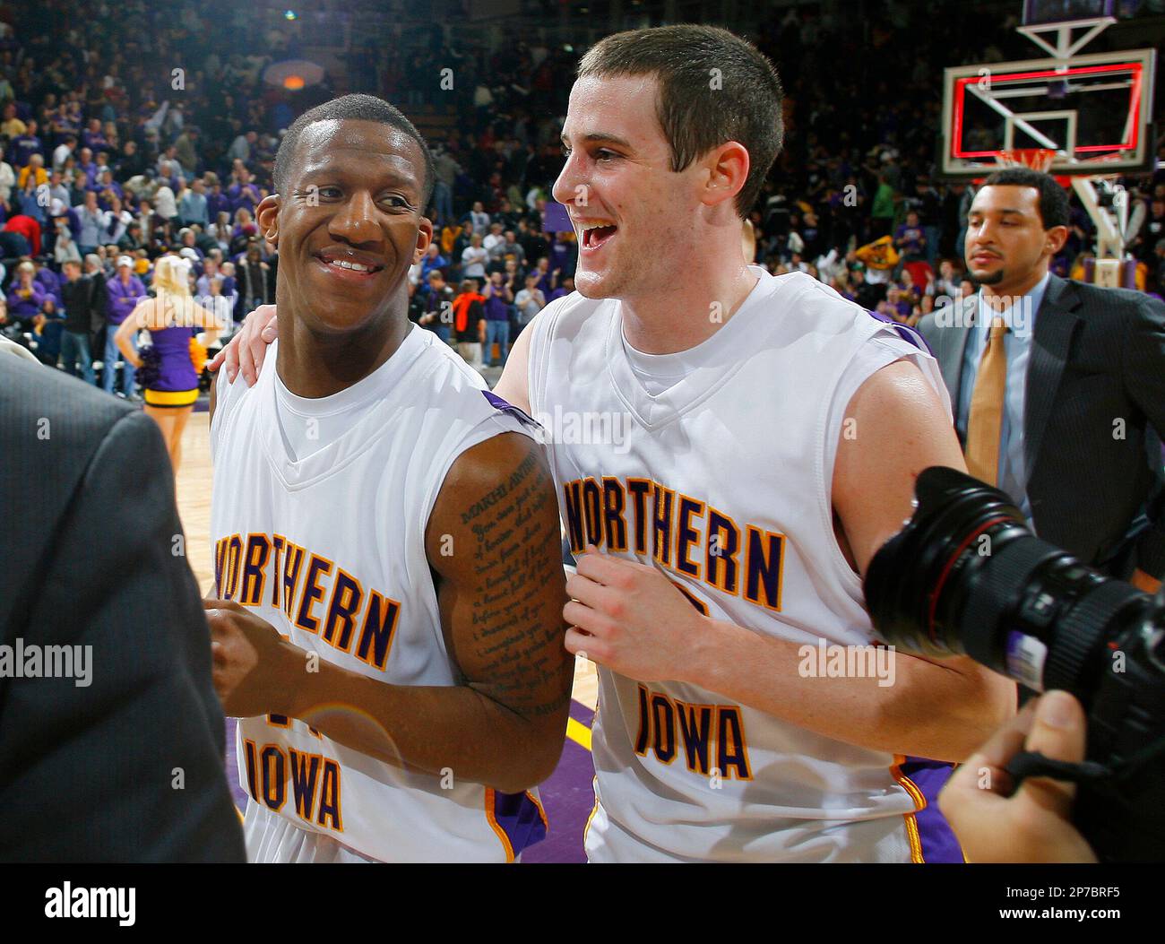 Northern Iowa's Kwadzo Ahelegbe, left, and Johnny Moran, right ...
