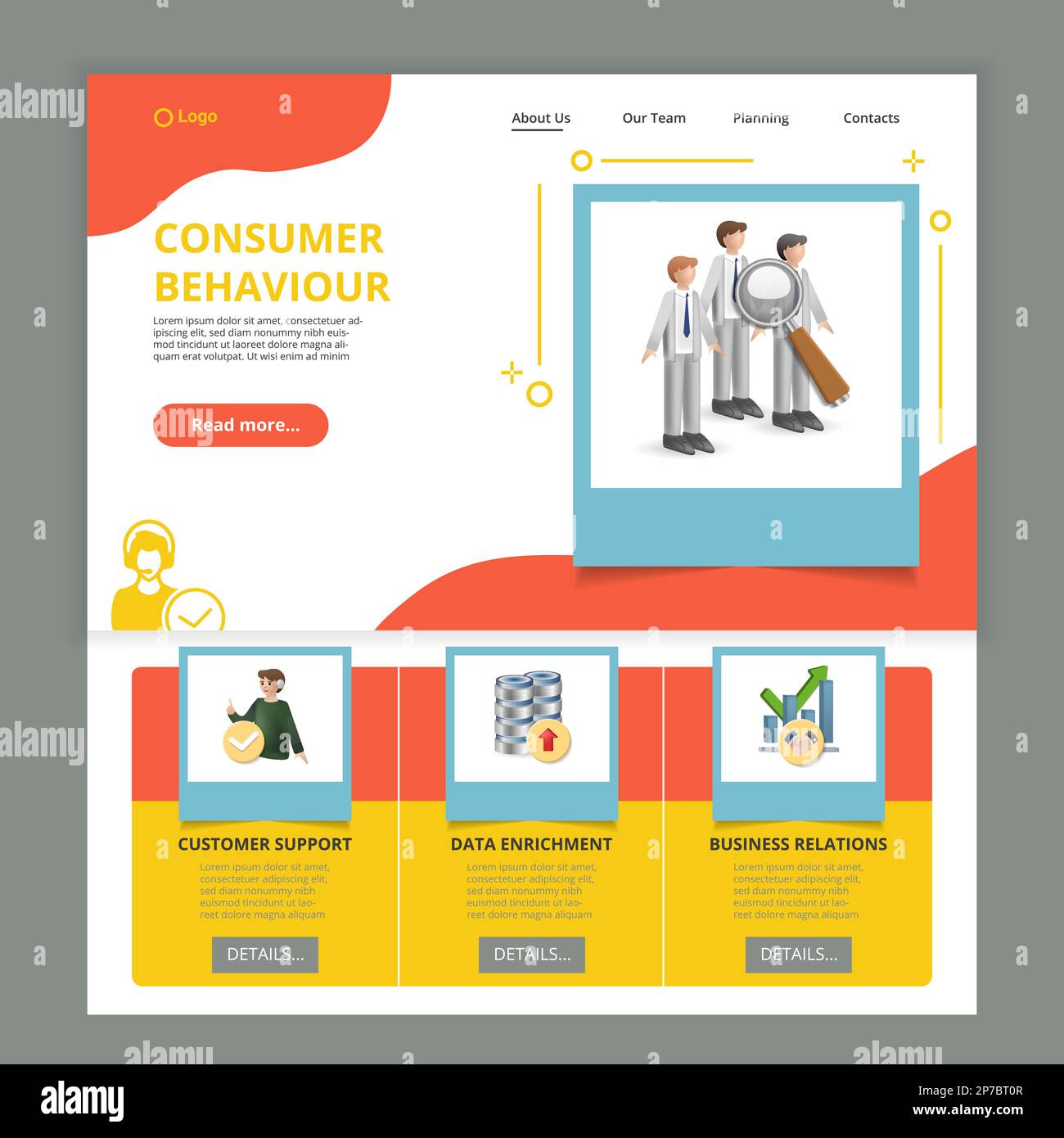 Consumer behaviour flat landing page website template. Customer support ...