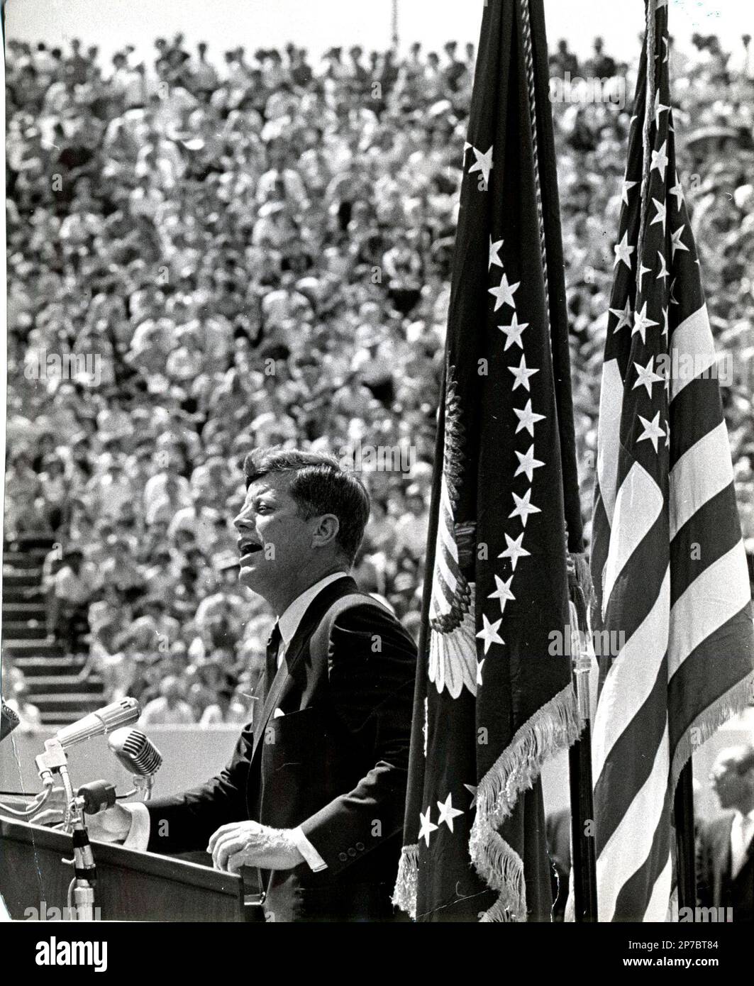 President John F. Kennedy addresses a crowd at Rice Stadium in Houston ...