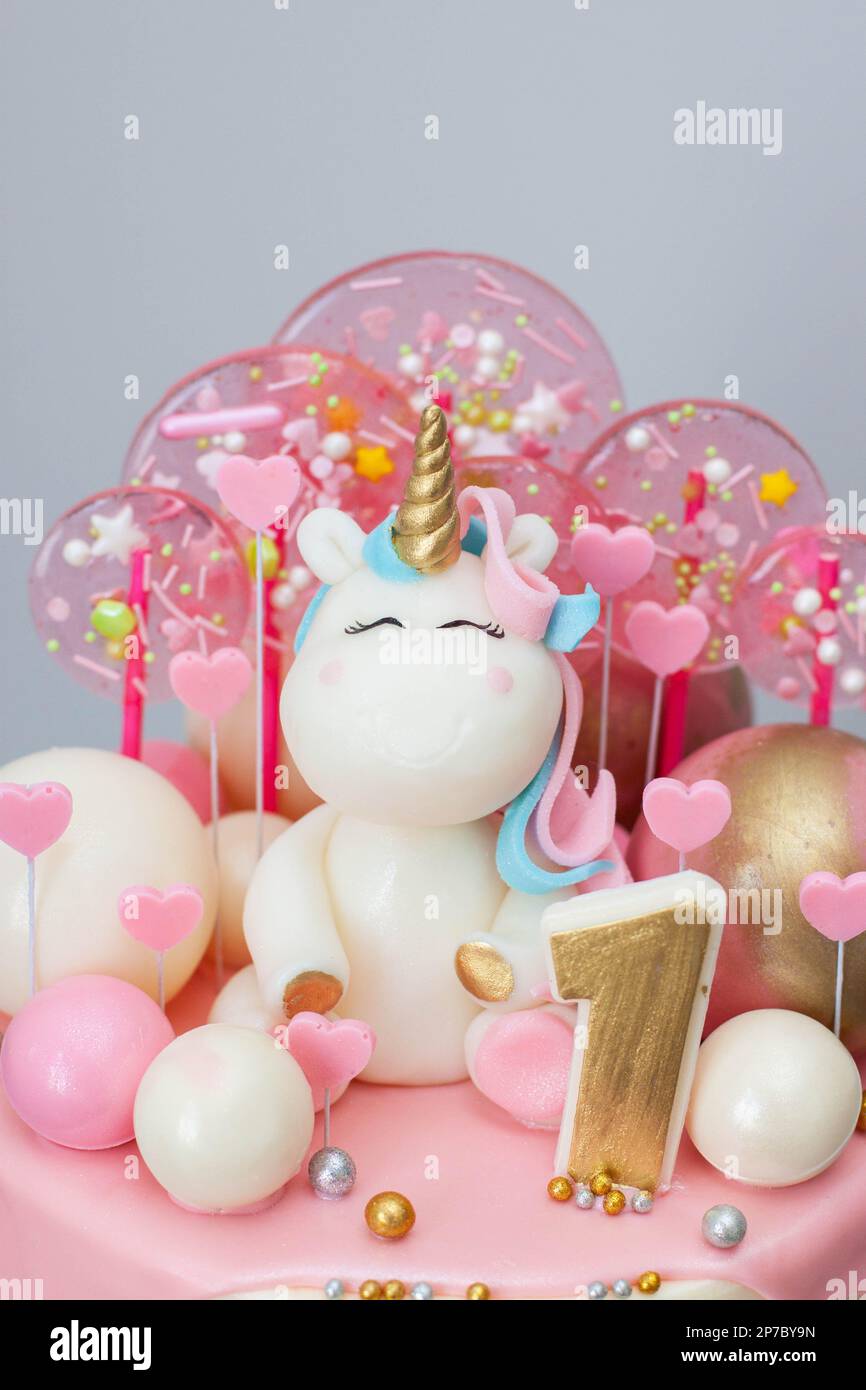 Cute birthday cake for a little girl with fondant unicorn, pink ...