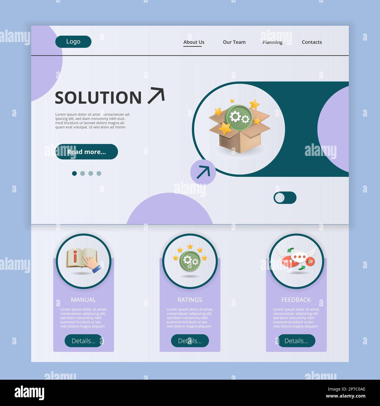 Solution flat landing page website template. Manual, ratings, feedback ...