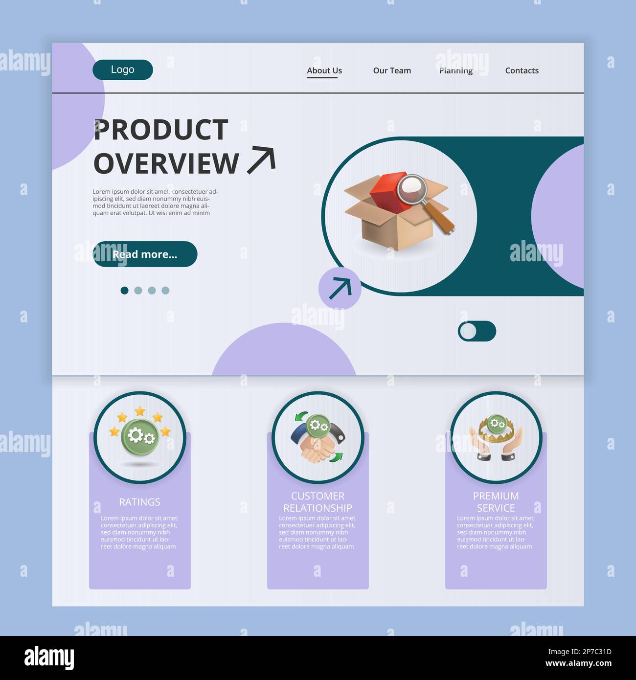 Product overview flat landing page website template. Ratings, customer ...