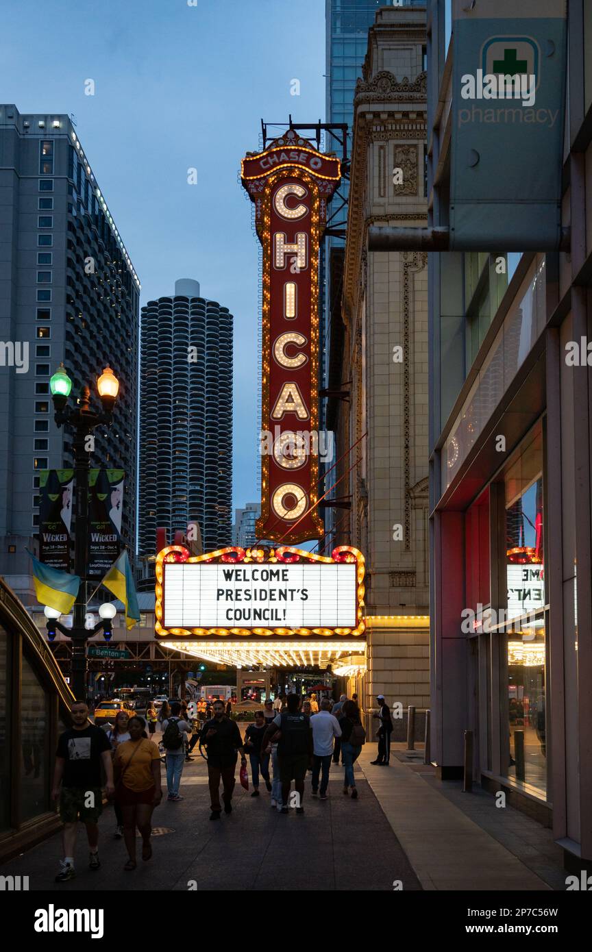An iconic view of the historic Chicago Theater sign on the corner of ...