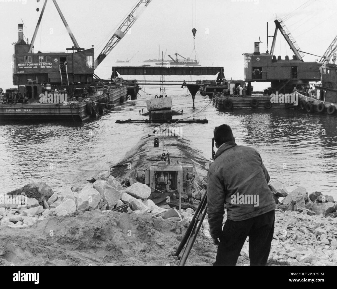 Sinking tube section for the Chesapeake Bay Bridge Tunnel, January 31 ...