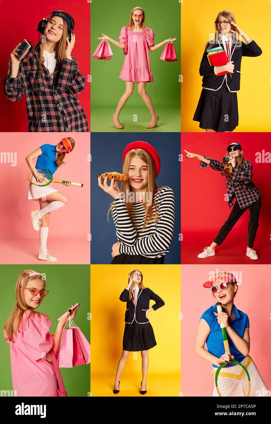 Collage. Portraits of beautiful young girl posing in different clothes ...