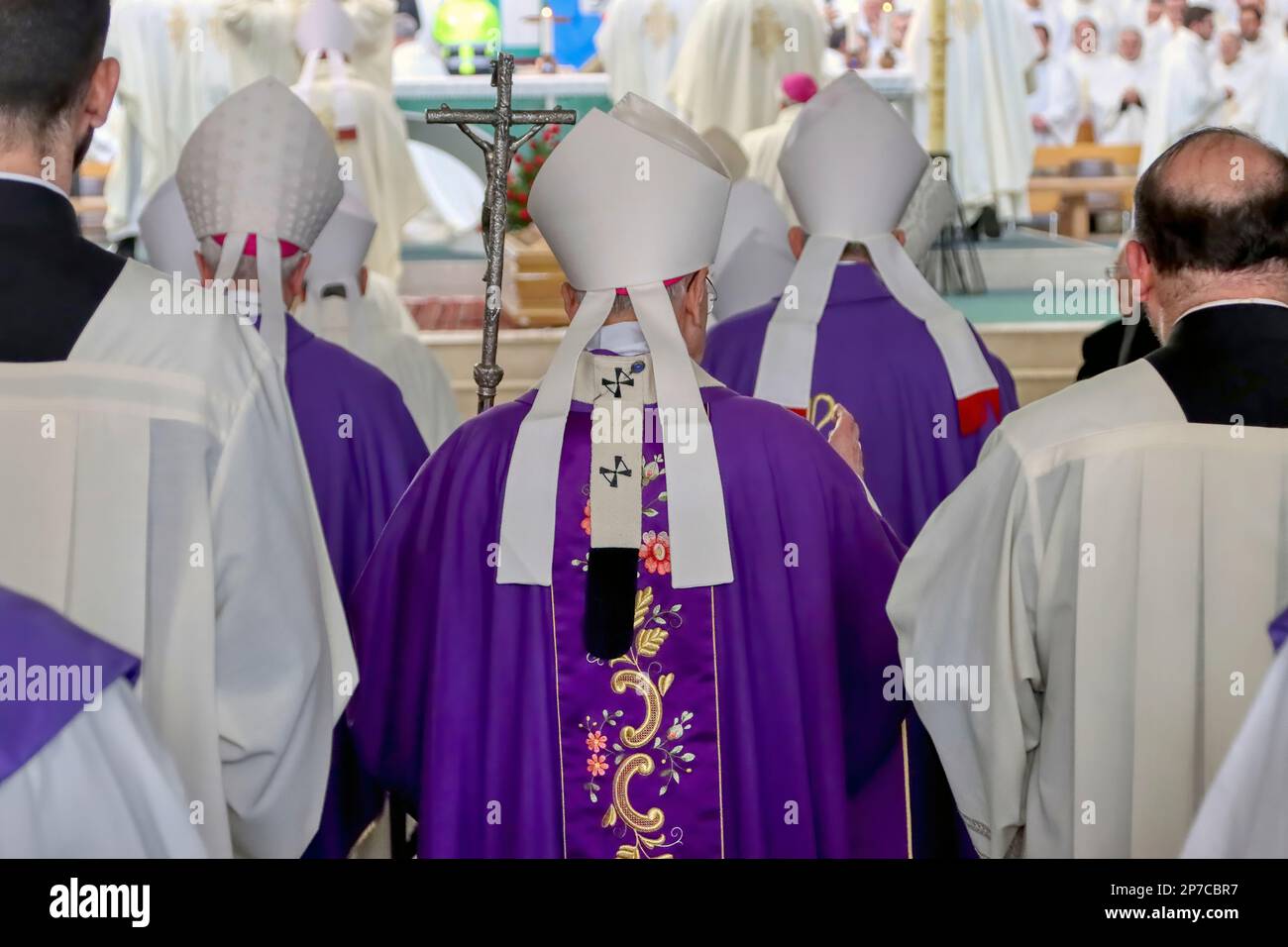 Bishops in procession to the church altar to celebrate mass Stock Photo ...