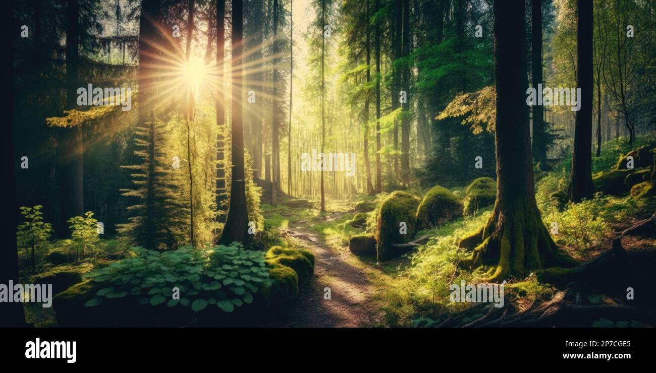 Experience the tranquility of a sun-drenched forest with rays of light ...