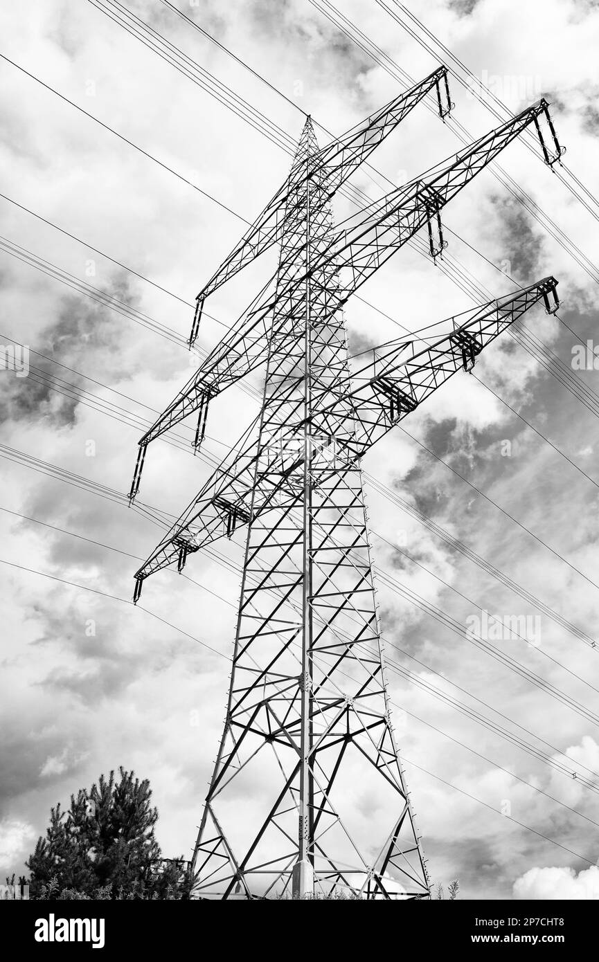 Transmission tower overhead power line lattice metal structure bottom ...