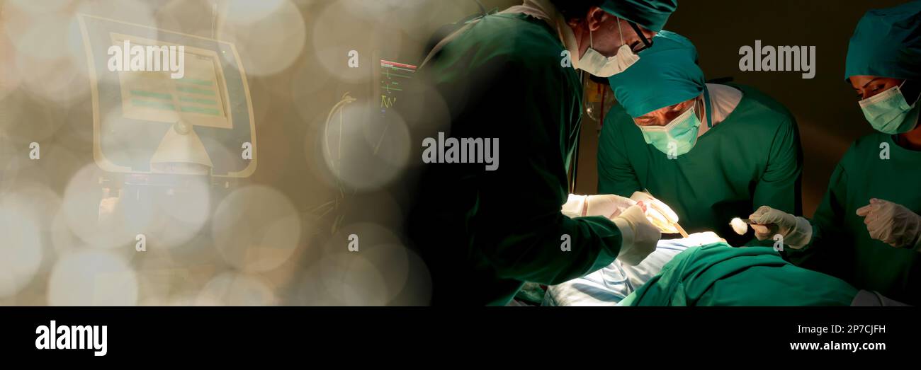 Web banner Team doctors in operating room dressed green uniform saving ...
