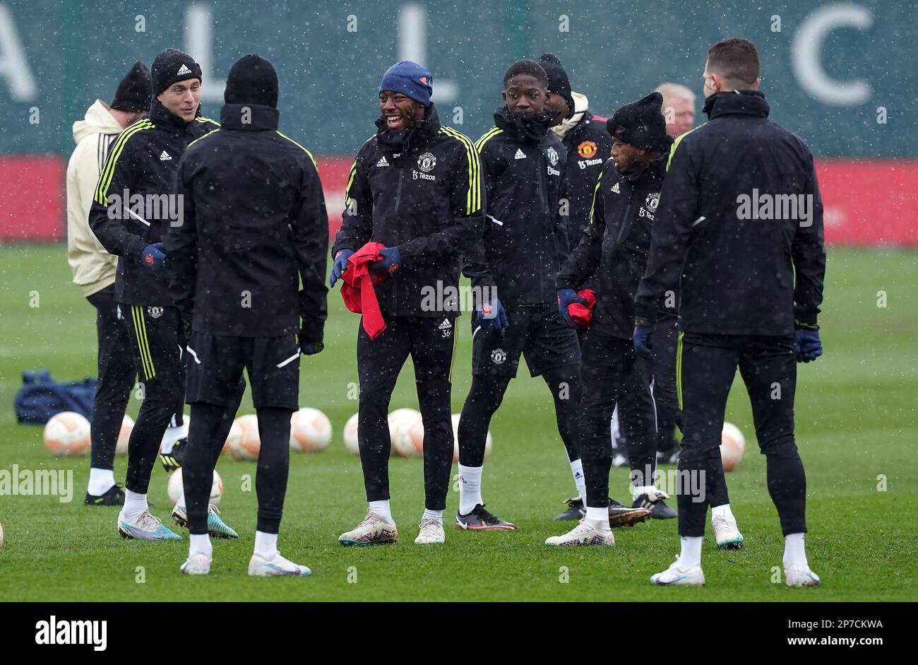 Manchester United's Anthony Elanga (centre) during a training session ...