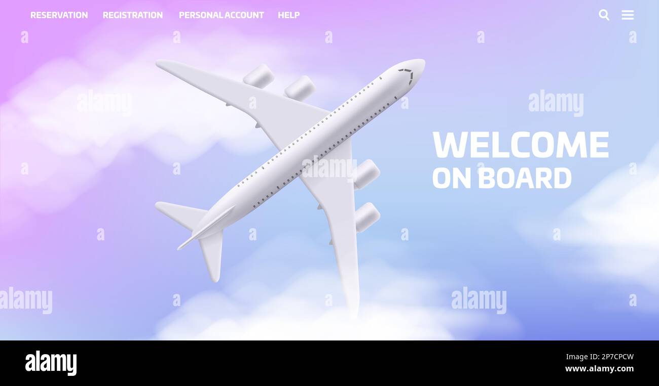 Vector 3d illustration of airplane in the clouds and gradient sky, top ...