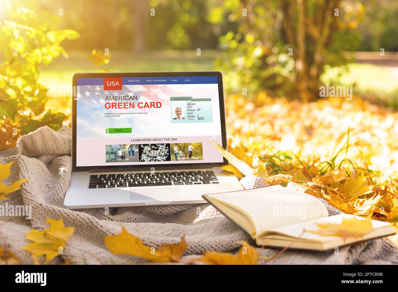 laptop with green cards Application Stock Photo - Alamy