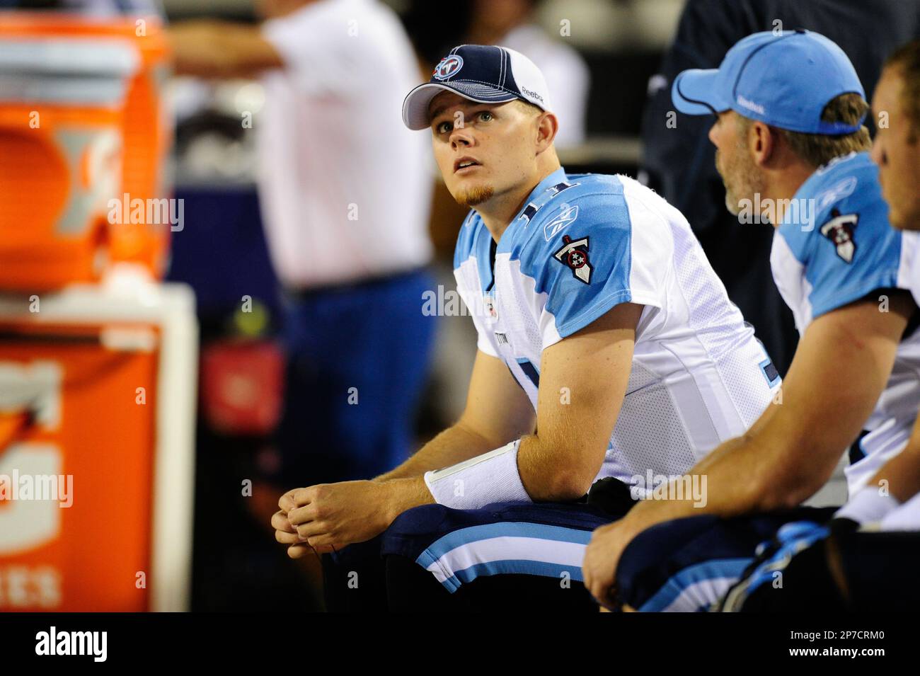 Tennessee Titans quarterback Rusty Smith (11) watches the replay during ...