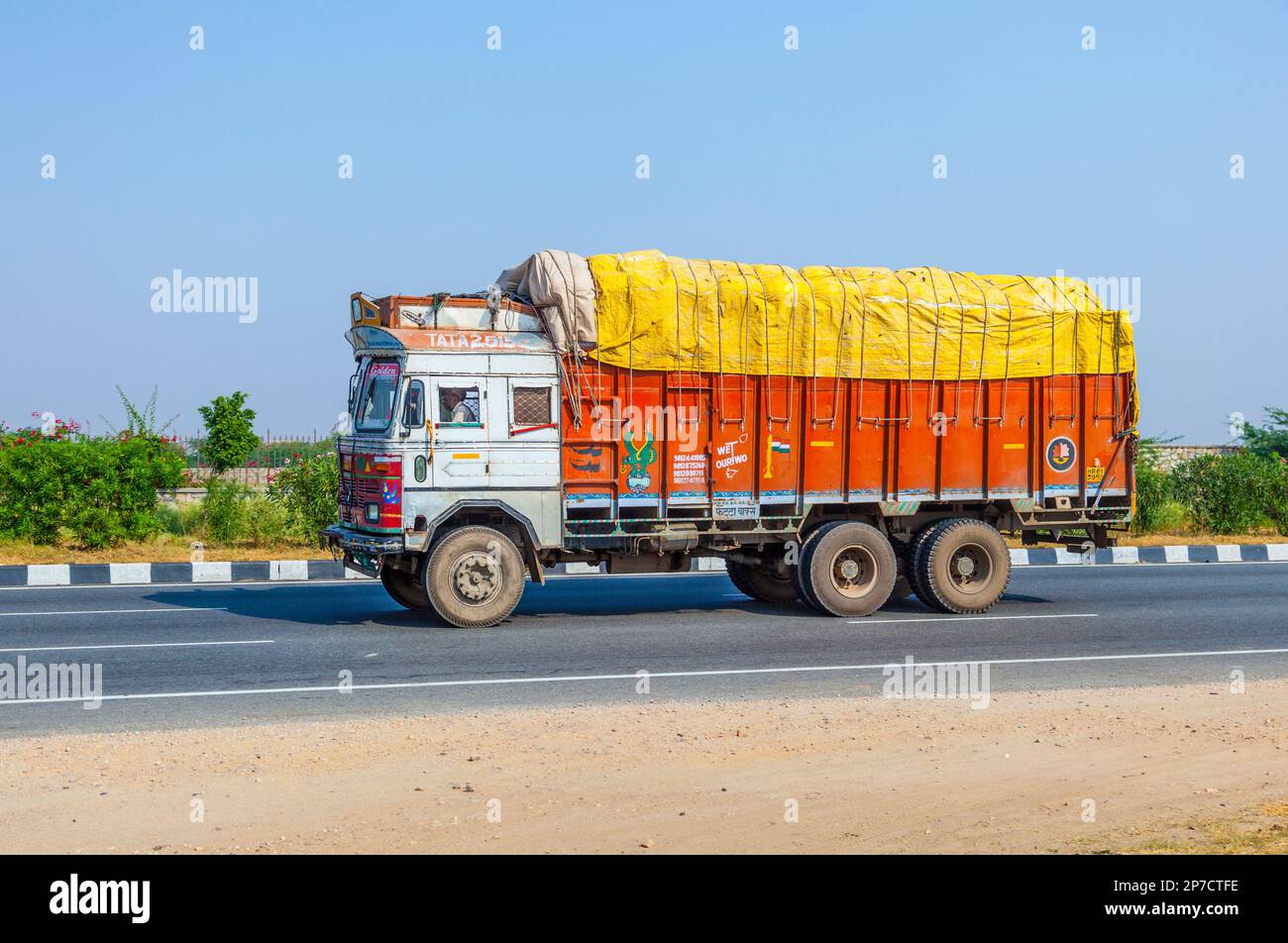 RAJASTHAN, INDIA - OCT 24: cargo transport with truck on highway on Oct ...
