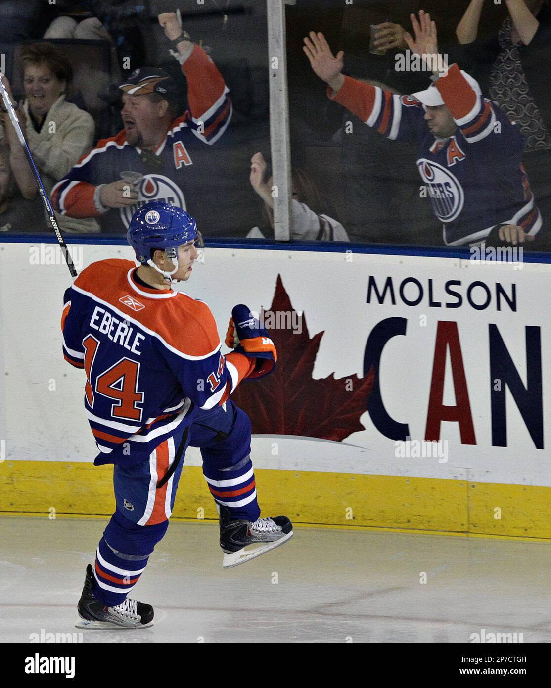 Edmonton Oilers' Jordan Eberle (14) celebrates his goal against the San ...