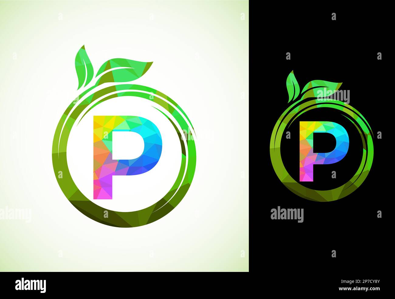 Polygonal alphabet P in a spiral with green leaves. Nature icon sign ...