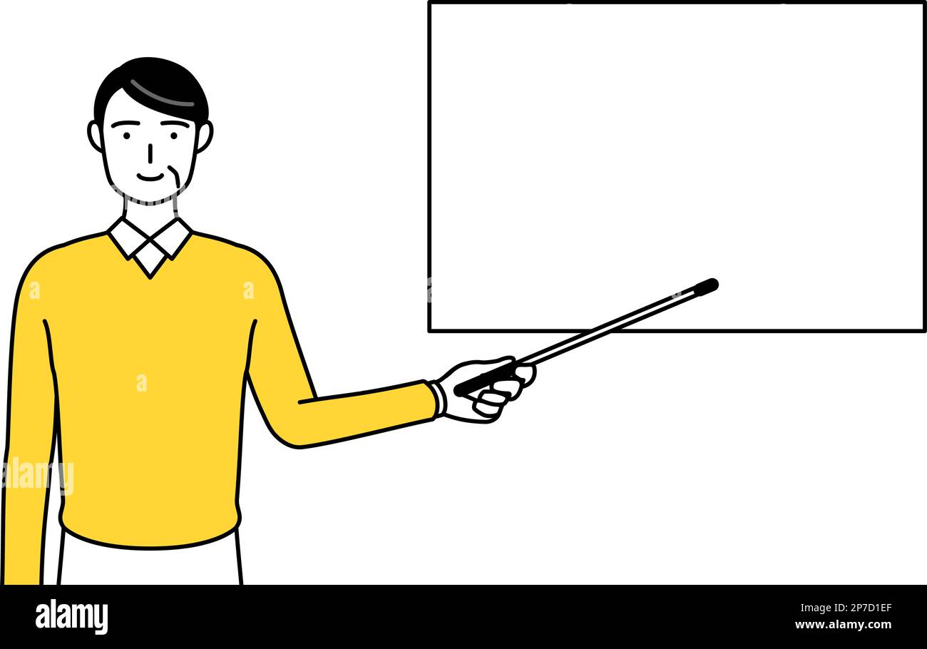 Retired seniors, middle-aged man, pointing at a whiteboard with an ...