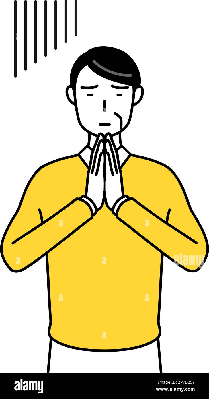 Retired seniors, middle-aged man, apologizing with her hands in front ...