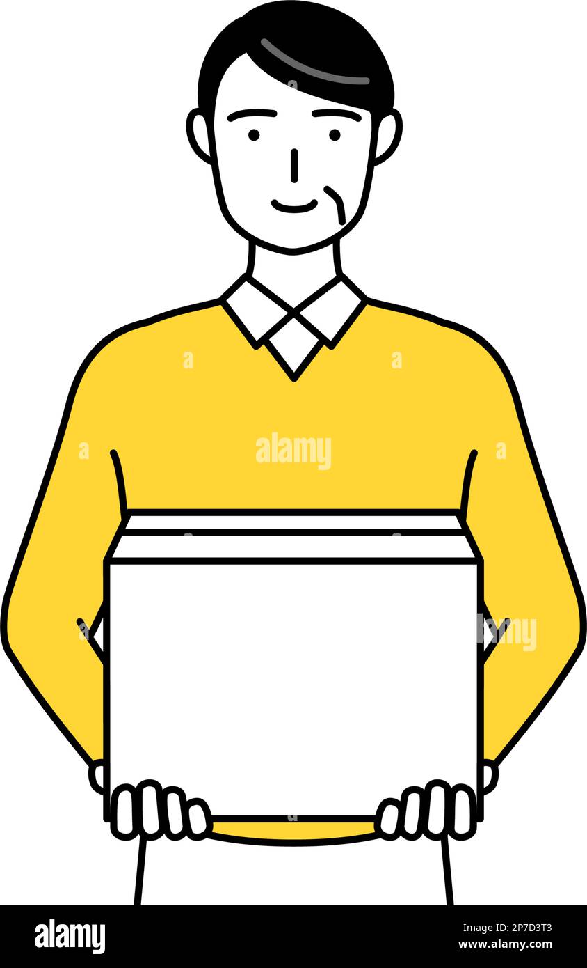 Retired seniors, middle-aged man, working to carry cardboard boxes ...