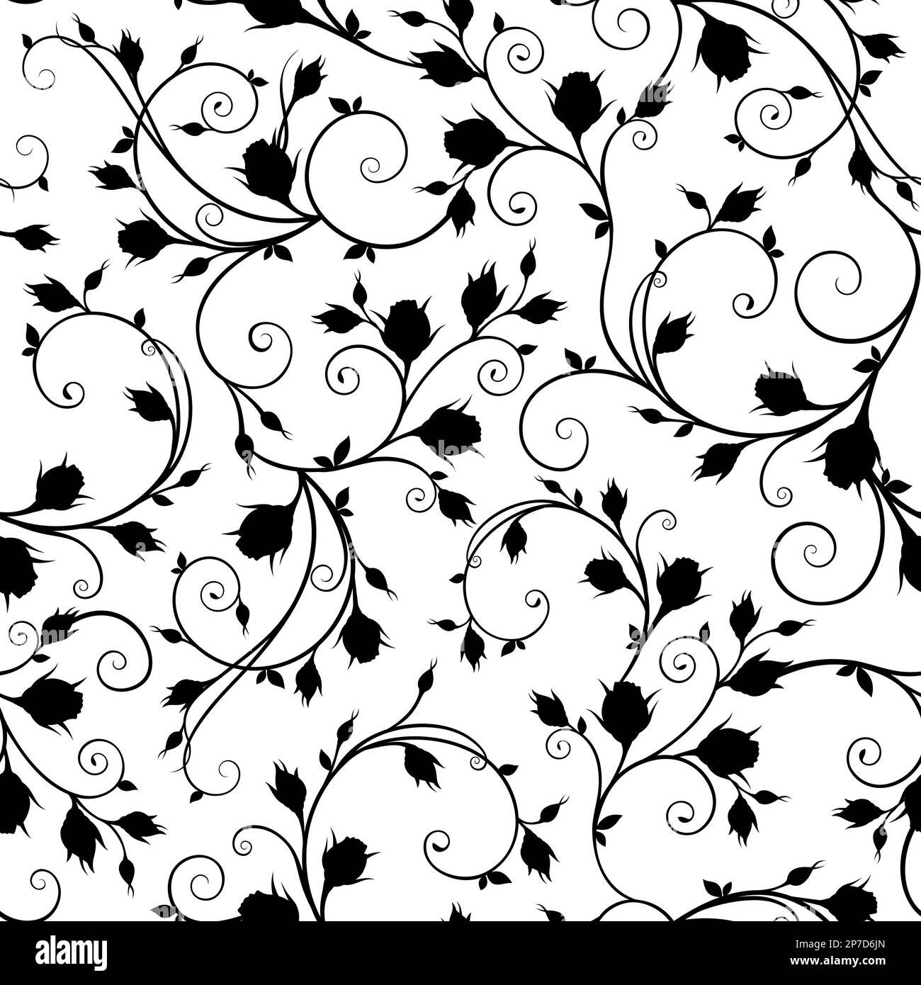 Floral seamless pattern with rose vines. Black and white floral print ...