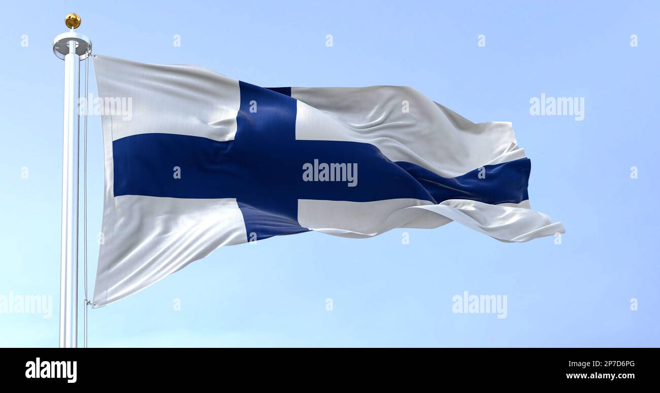 The national flag of Finland waving in the wind on a clear day. Blue ...