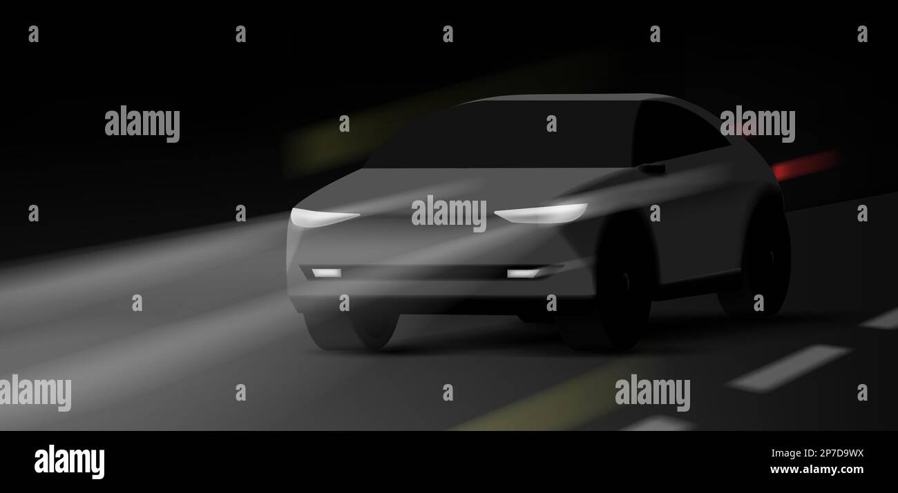 Modern car SUV driving at night with lights on, realistic 3d ...